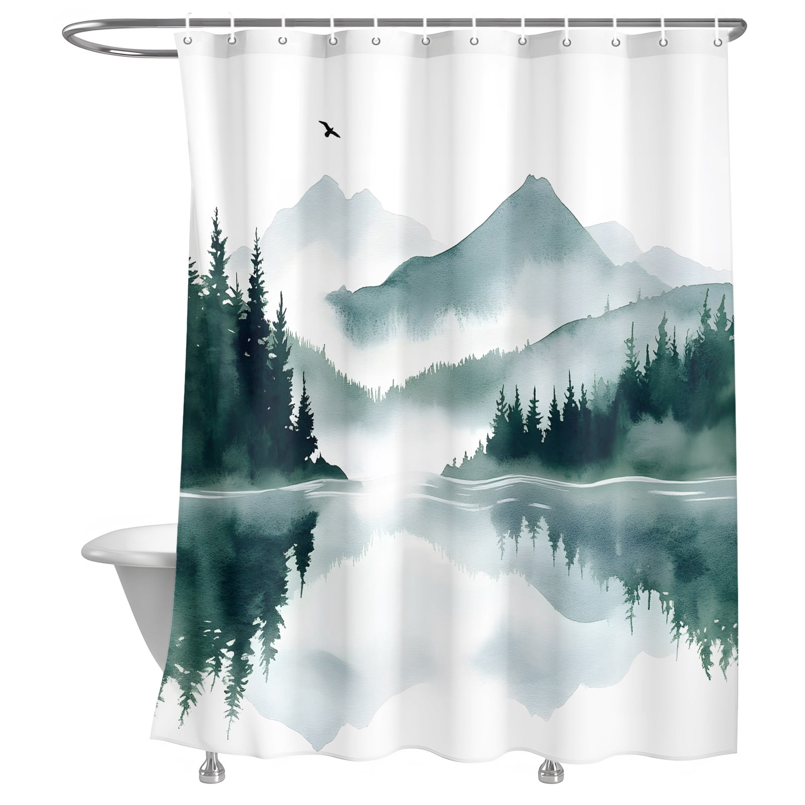 Bathroom Shower Curtain Summer Gradient Lake Tree Forest Waterproof ...