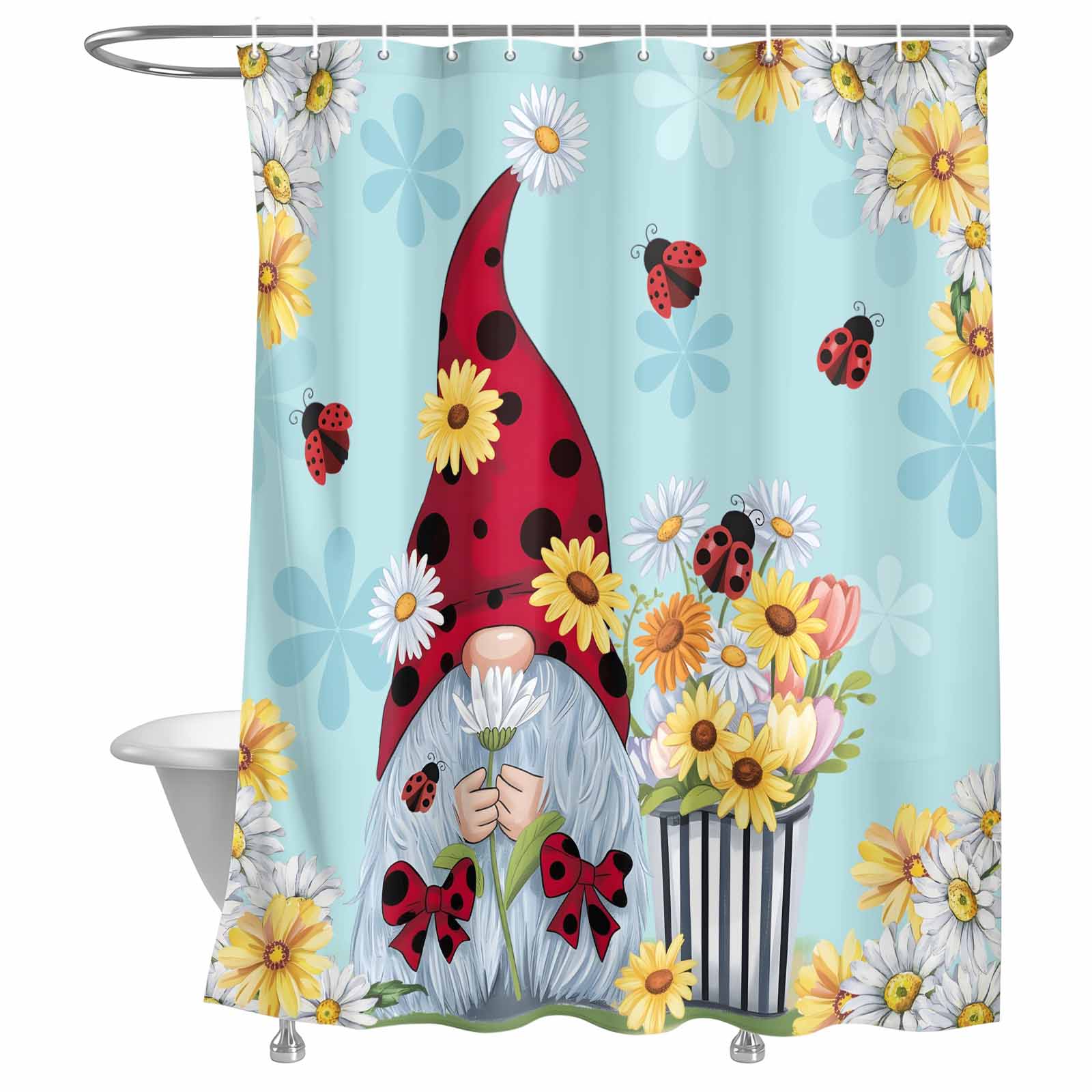 Bathroom Shower Curtain Summer Ladybug Gnome Daisy Flower Waterproof ...