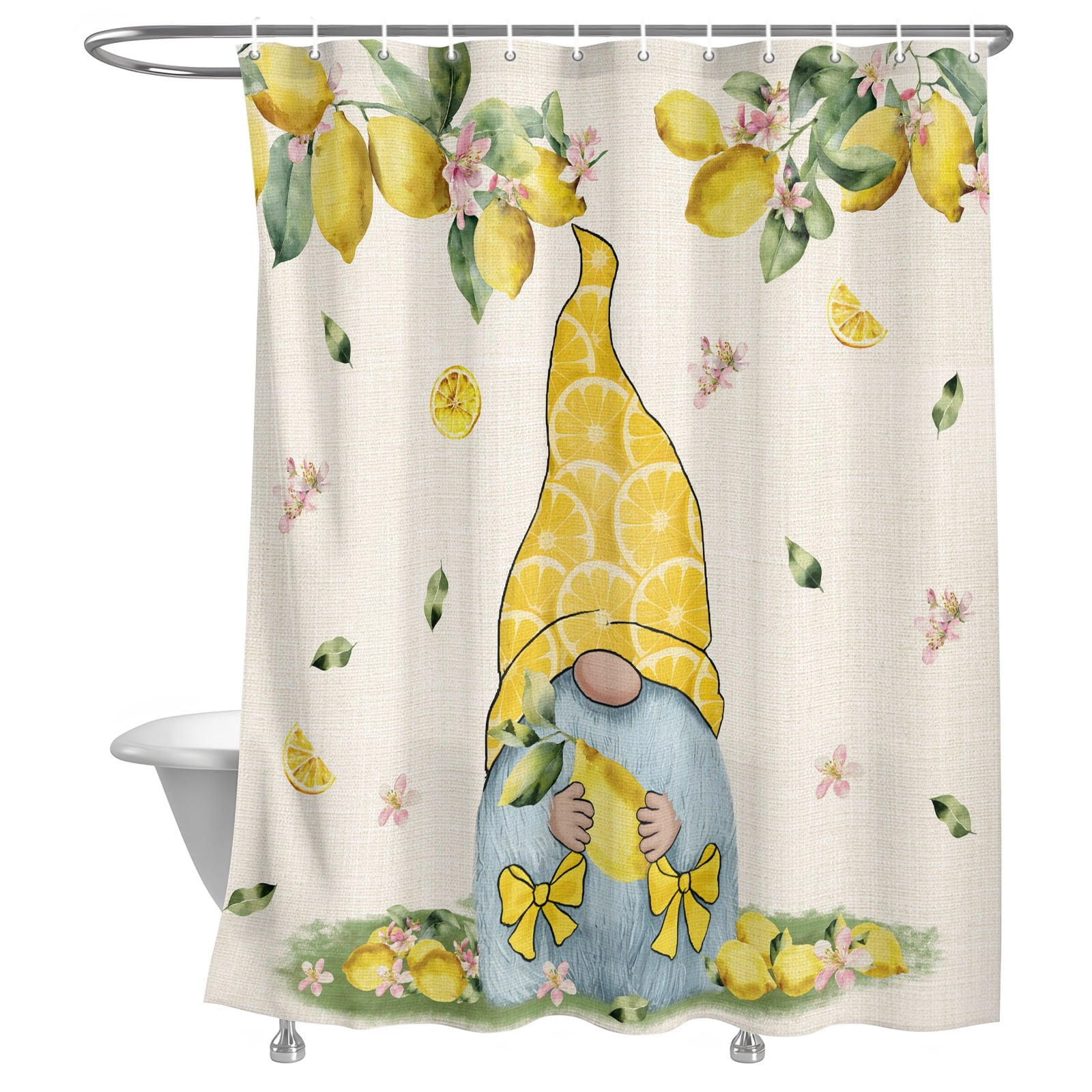 Bathroom Shower Curtain Summer Lemon Gnome Flower Leaf Waterproof ...
