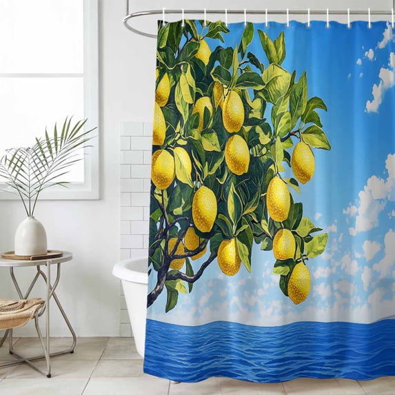 Bathroom Shower Curtain Summer Lemon Green Leaves Watercolor Waterproof ...
