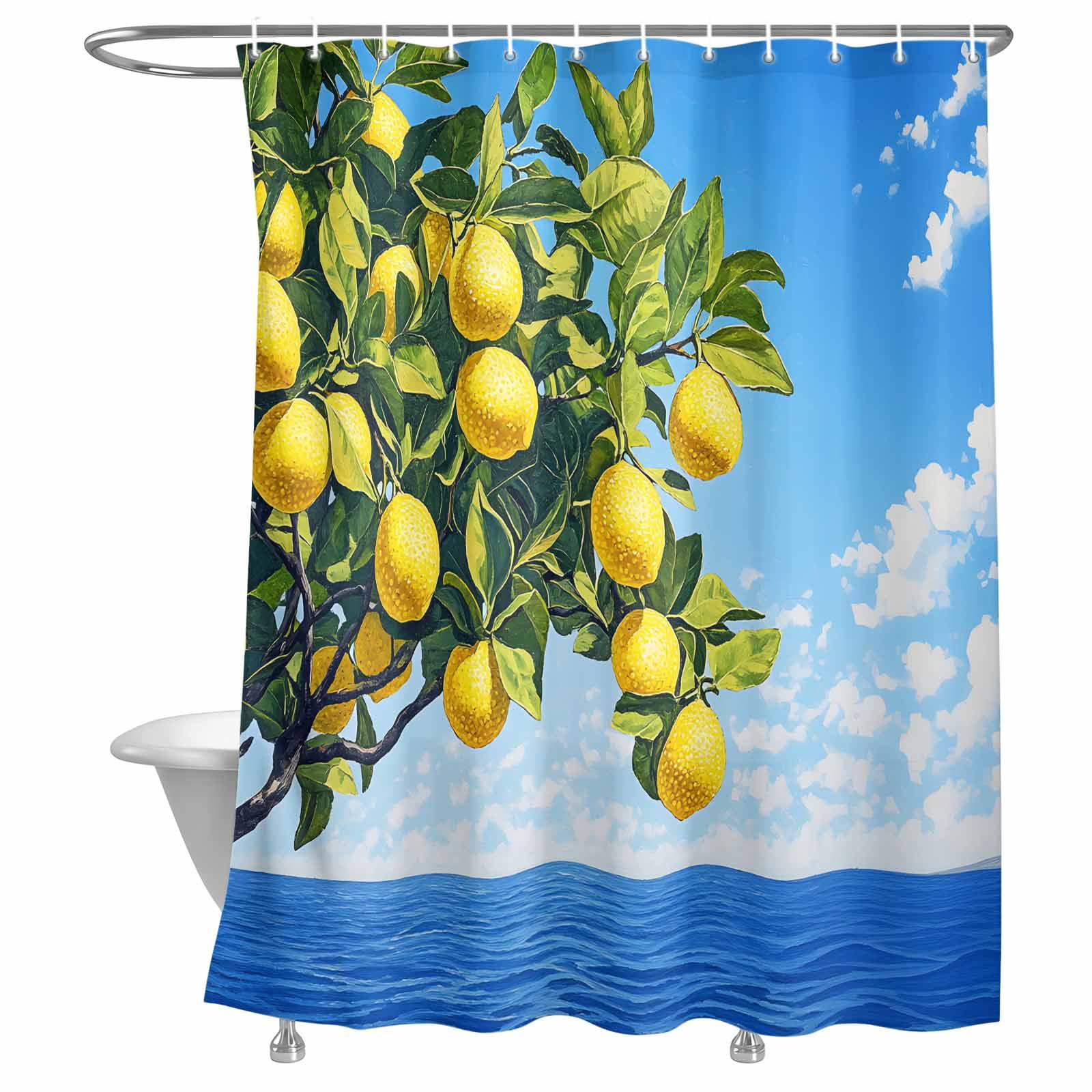Bathroom Shower Curtain Summer Lemon Green Leaves Watercolor Waterproof ...