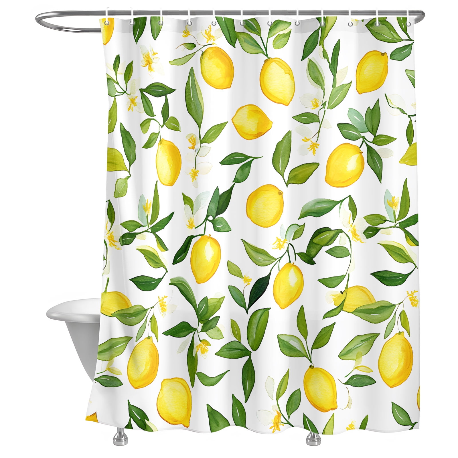 Bathroom Shower Curtain Summer Lemon Green Leaves Watercolor Waterproof ...