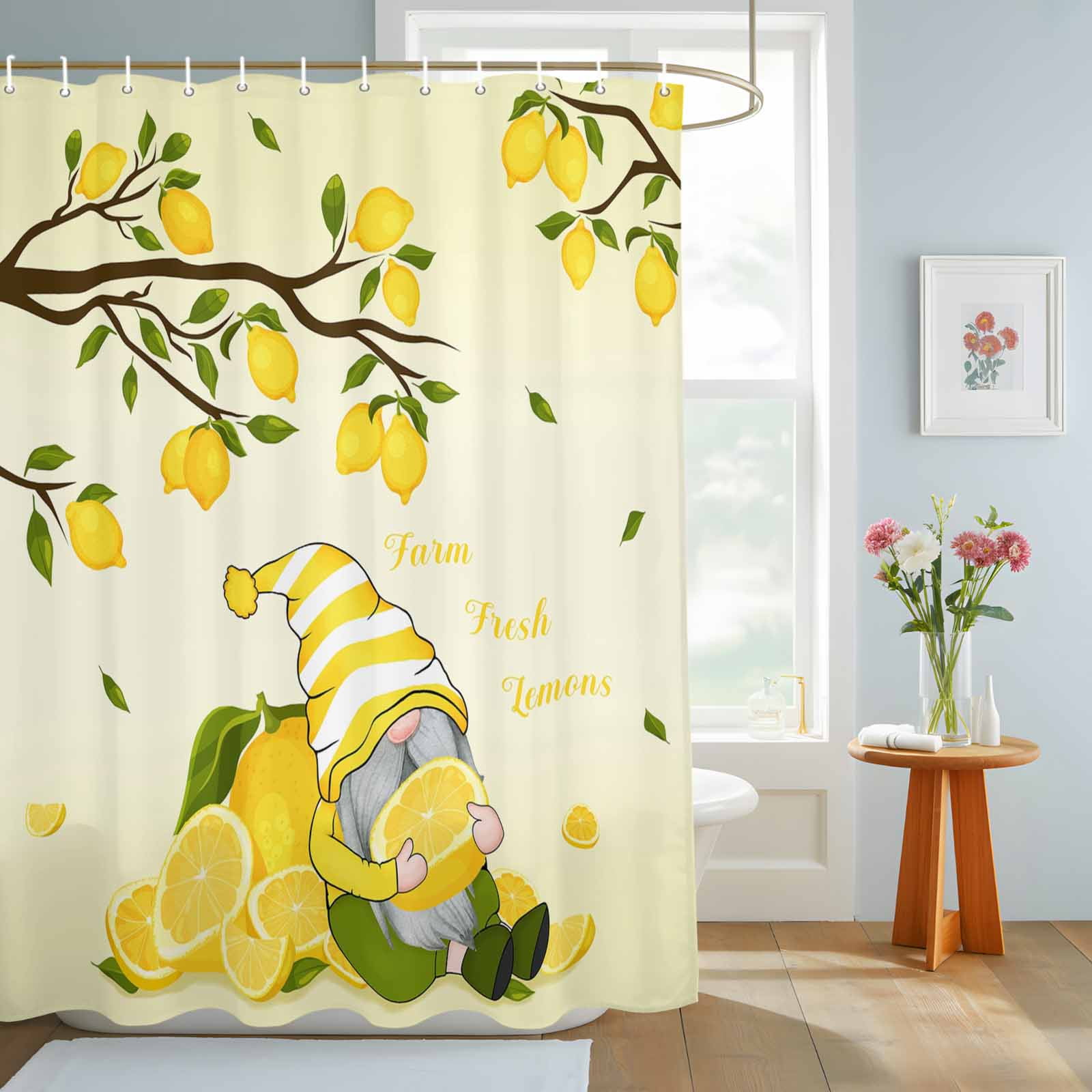 Bathroom Shower Curtain Summer Lemon Tree with Gnome Waterproof Shower ...