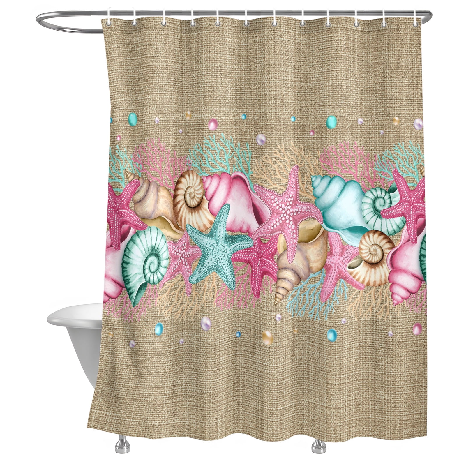 Bathroom Shower Curtain Summer Marine Life Pink Starfish Waterproof ...