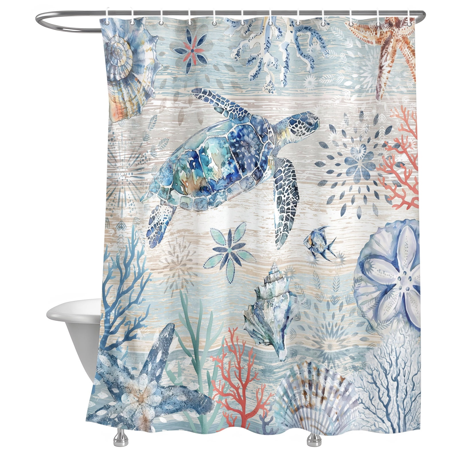 Bathroom Shower Curtain Summer Marine Turtle Shell Coral Waterproof ...