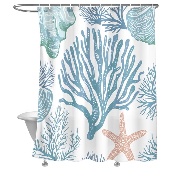 Bathroom Shower Curtain Summer Nautical Coral Starfish Shell Waterproof ...