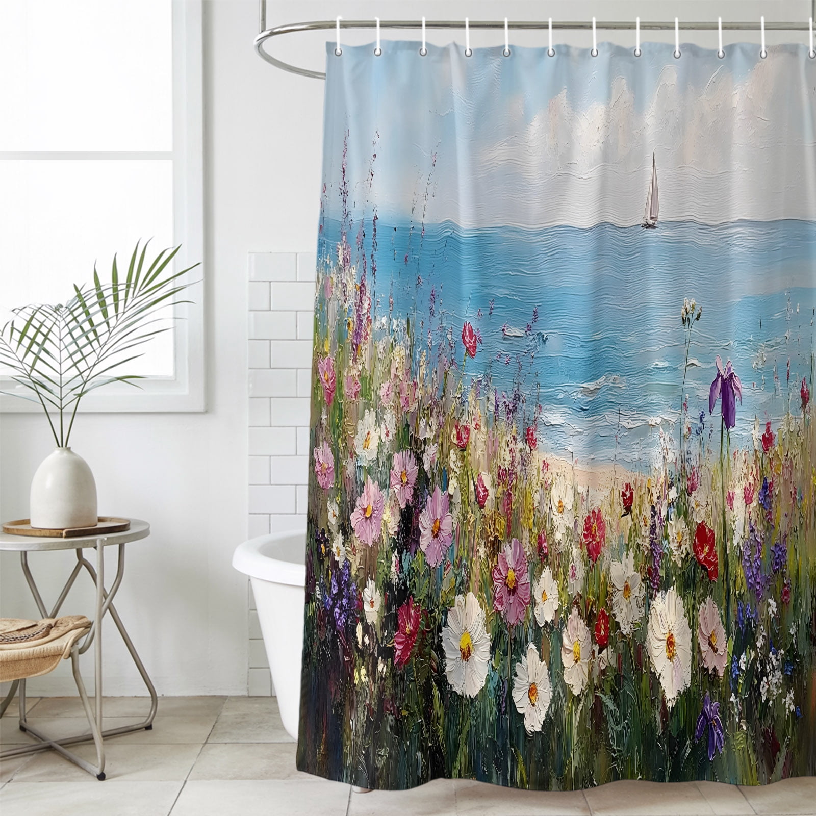 Bathroom Shower Curtain Summer Ocean Small Flowers Waterproof Shower ...