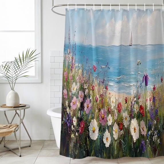 Bathroom Shower Curtain Summer Ocean Small Flowers Waterproof Shower ...