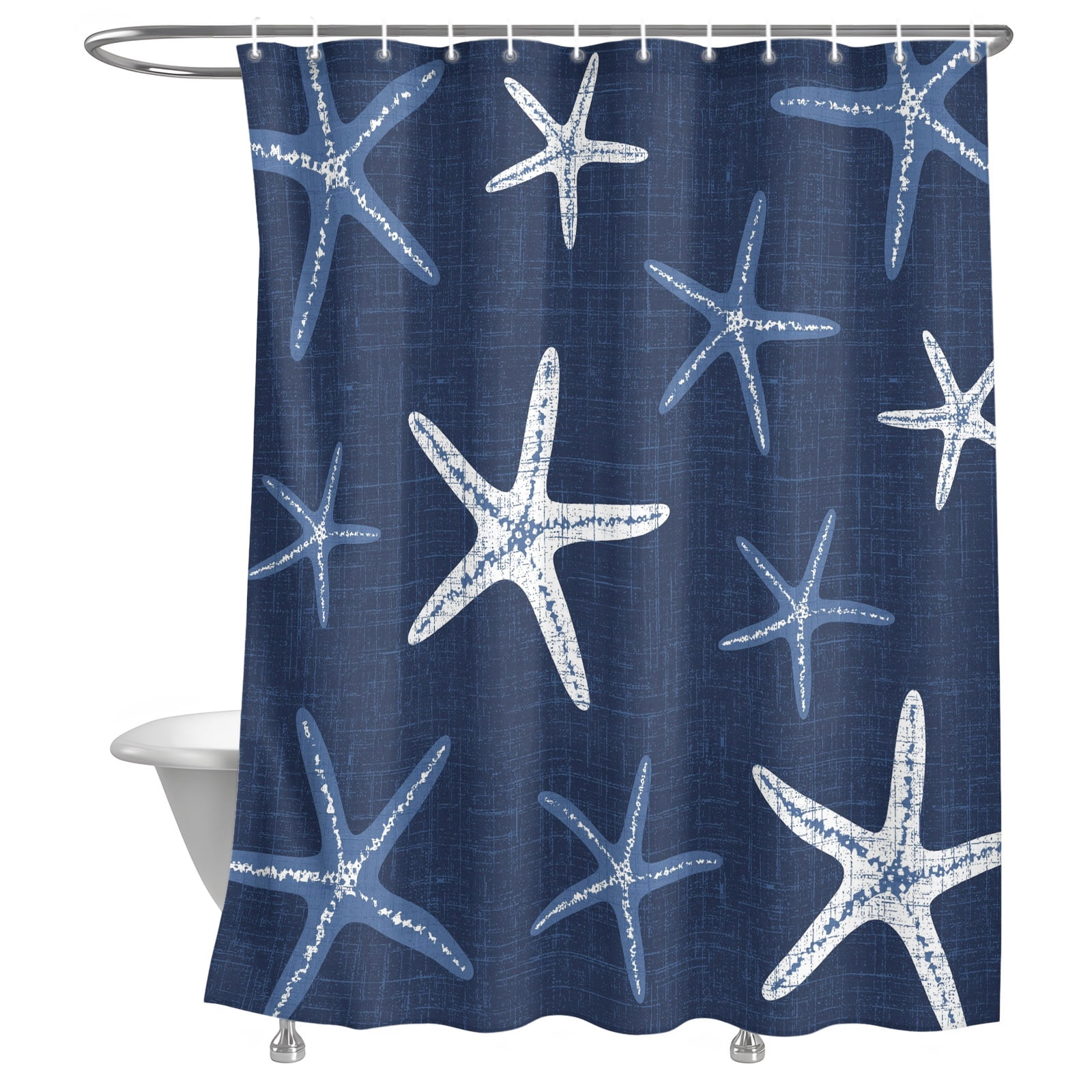 Bathroom Shower Curtain Summer Ocean Starfish Navy Blue Waterproof ...
