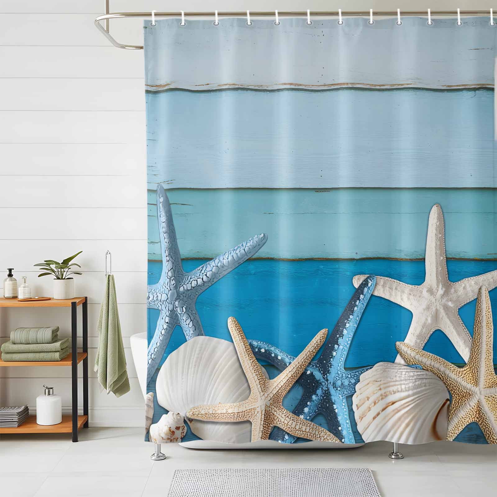 Bathroom Shower Curtain Summer Ocean Starfish Shell Waterproof Shower ...