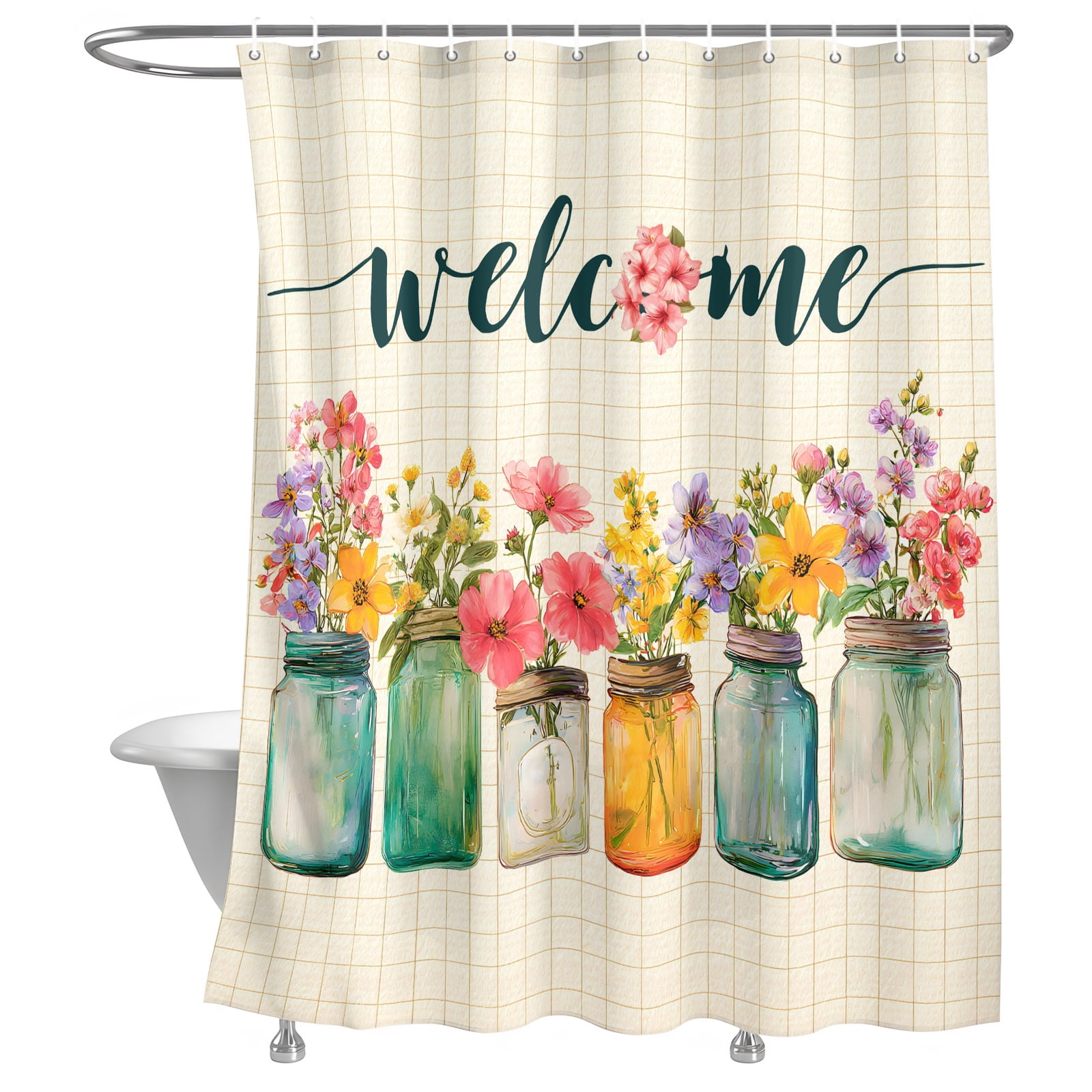 Bathroom Shower Curtain Summer Pastoral Flower Buffalo Plaid Waterproof ...