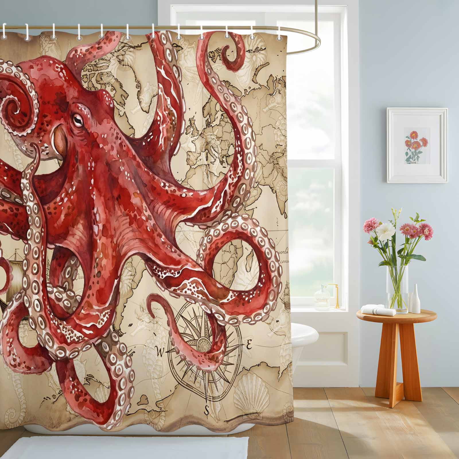 Bathroom Shower Curtain Summer Red Big Octopus Waterproof Shower ...