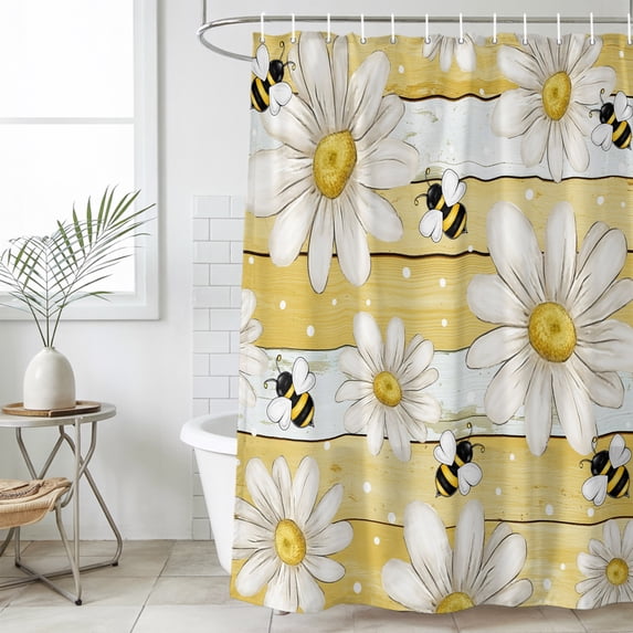 Bathroom Shower Curtain Summer Rustic Daisy Flower Bee Waterproof ...
