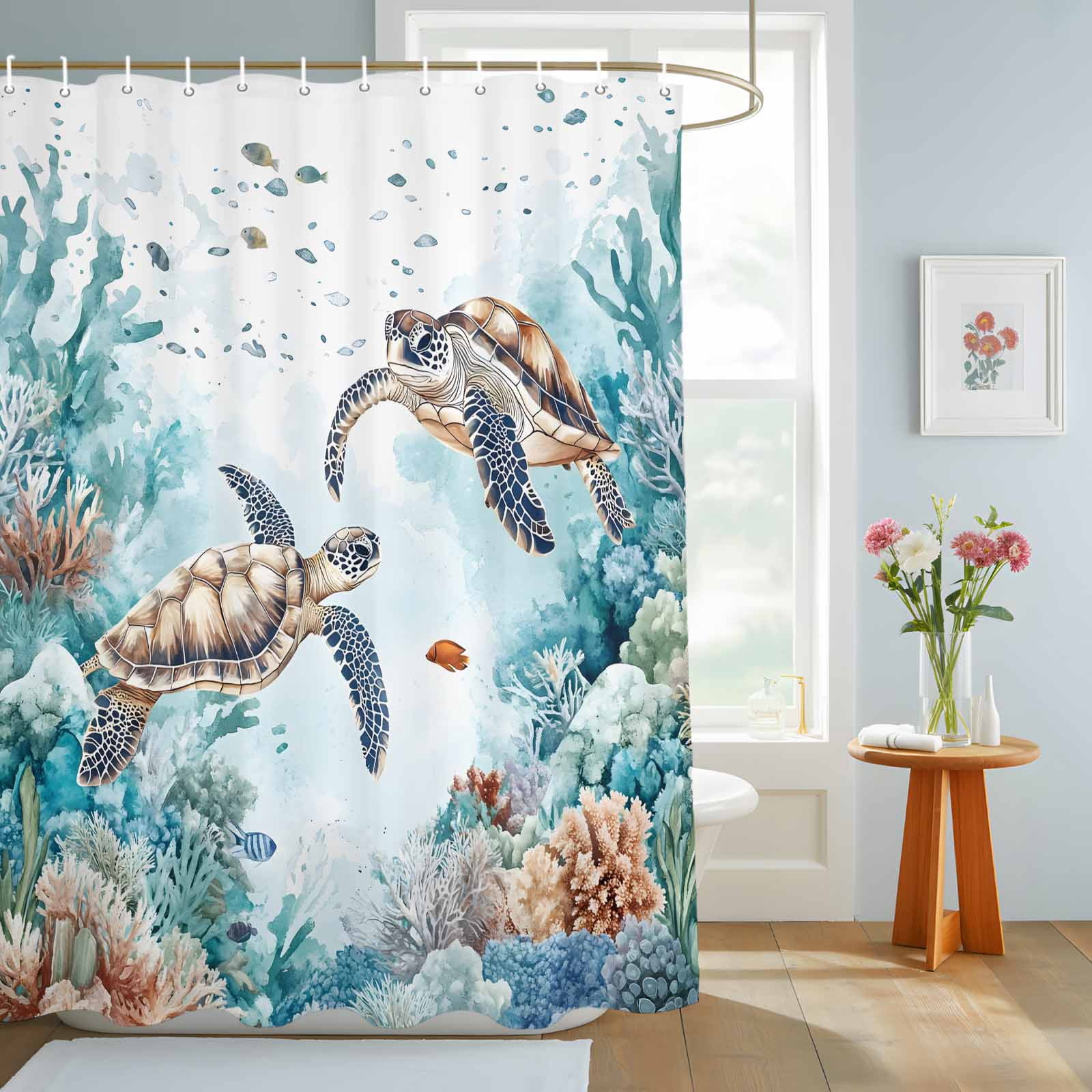 Bathroom Shower Curtain Summer Sea Turtle Coral Seaweed Waterproof ...
