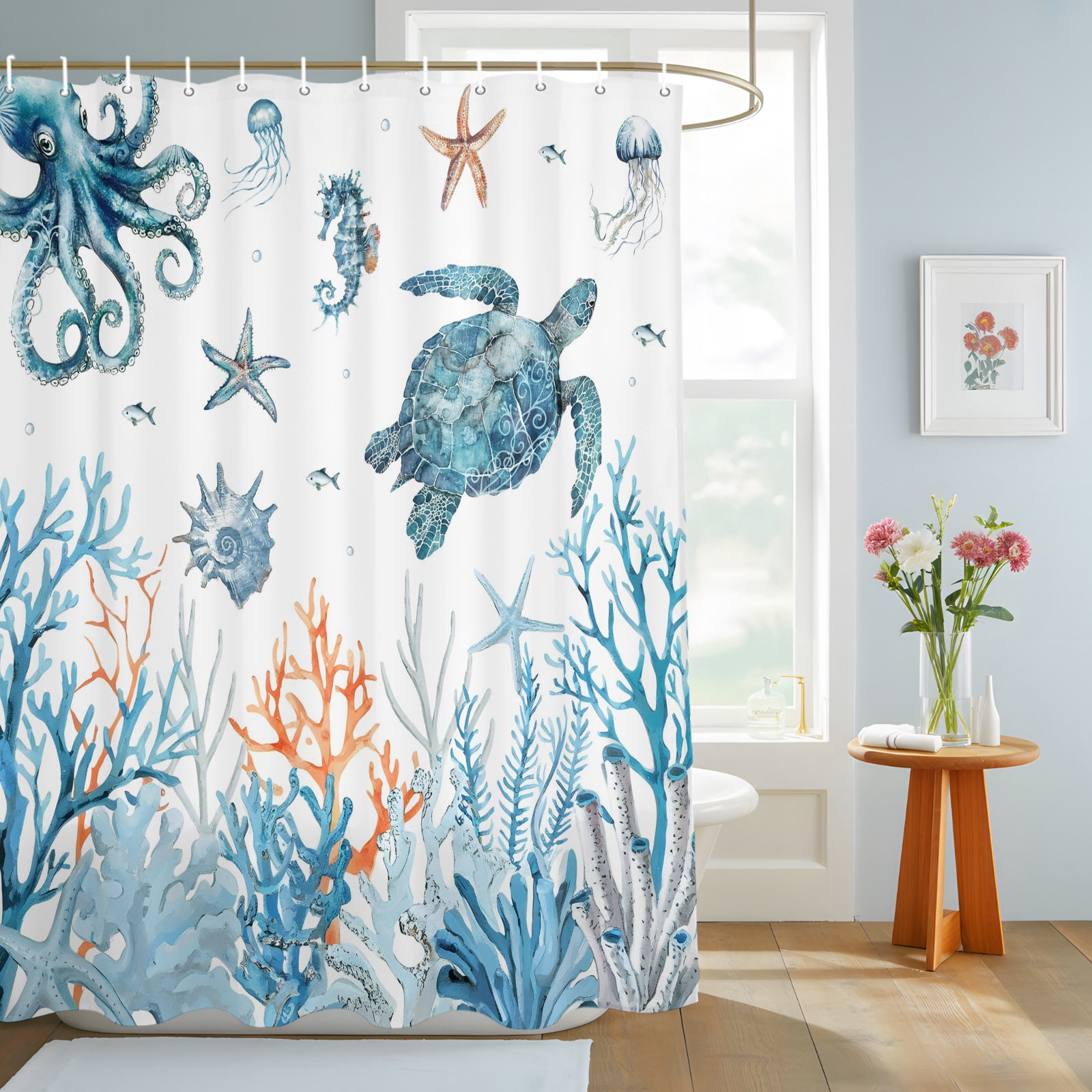 Bathroom Shower Curtain Summer Sea Turtles Eight-clawed Fish Waterproof ...