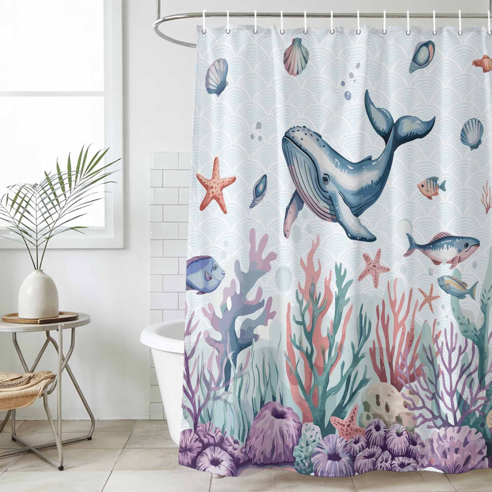 Bathroom Shower Curtain Summer Sea Whale Fish Coral Waterproof Shower ...