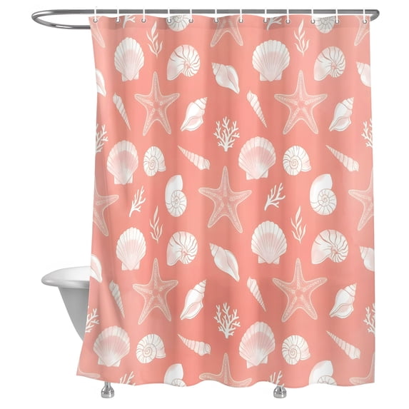 Bathroom Shower Curtain Summer Seashells Starfish Coral on Orange ...