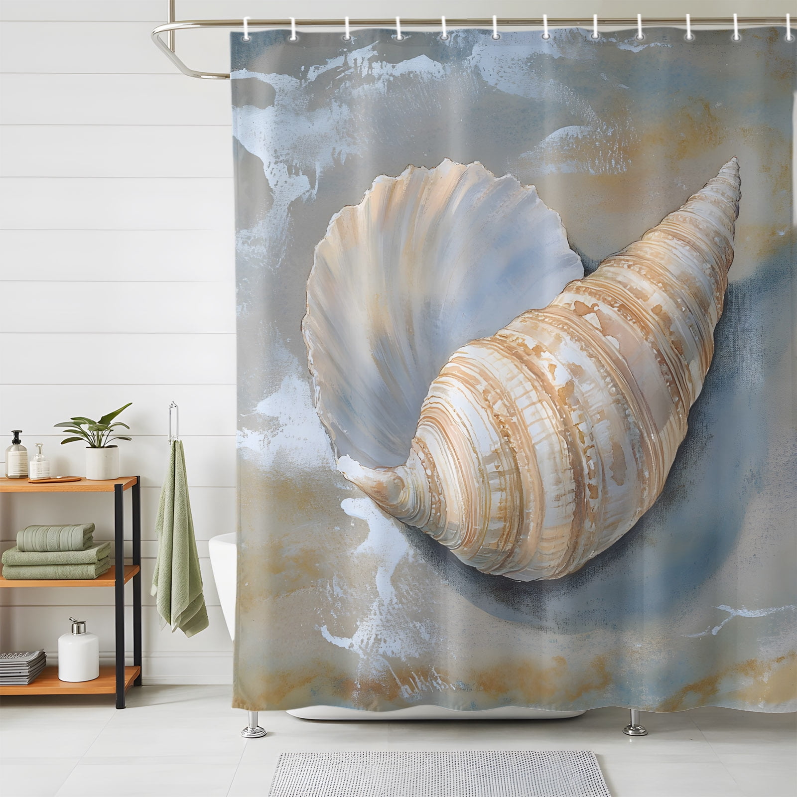Bathroom Shower Curtain Summer Seaside Watercolor Conch Shell ...