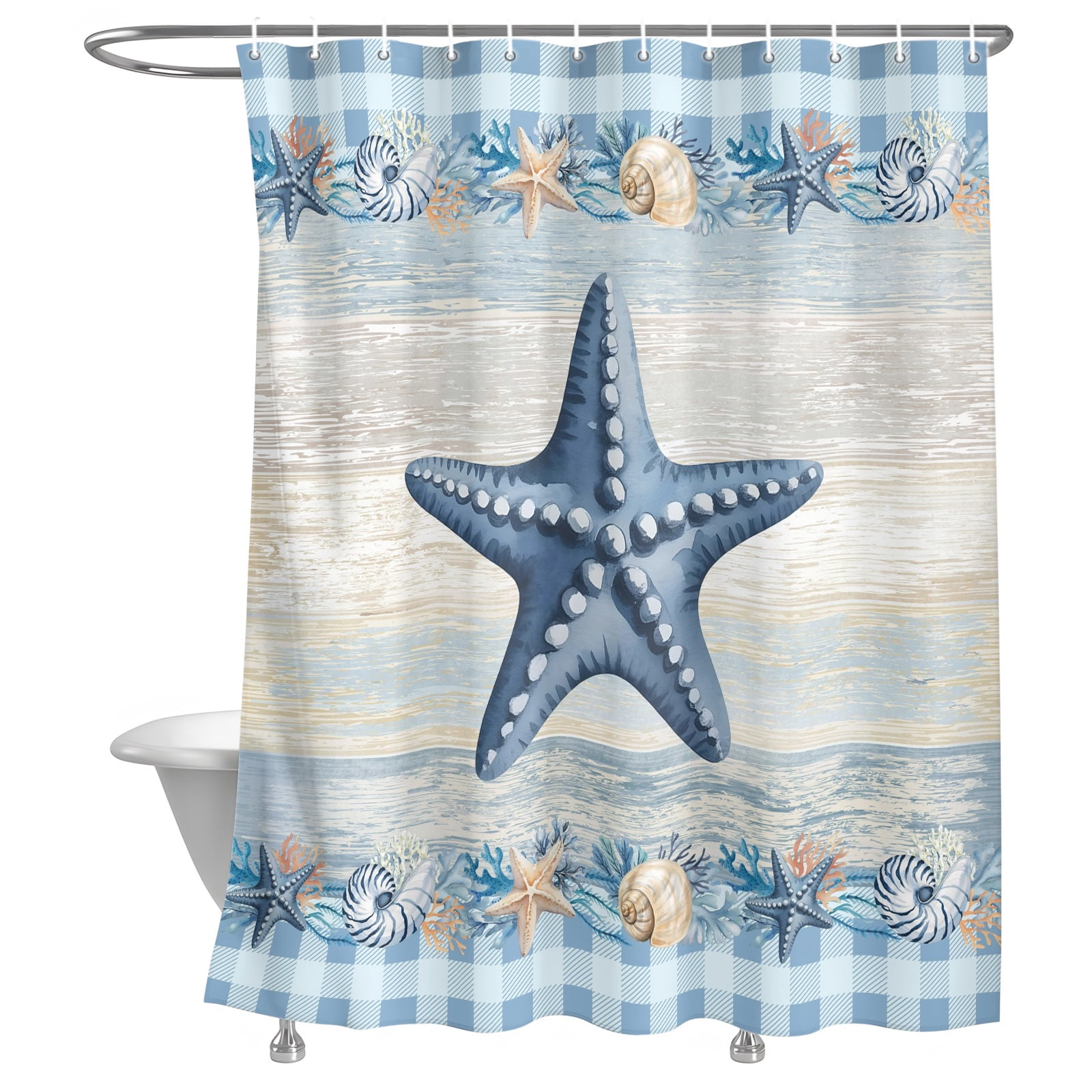 Bathroom Shower Curtain Summer Starfish Vintage Wood Plank Waterproof ...
