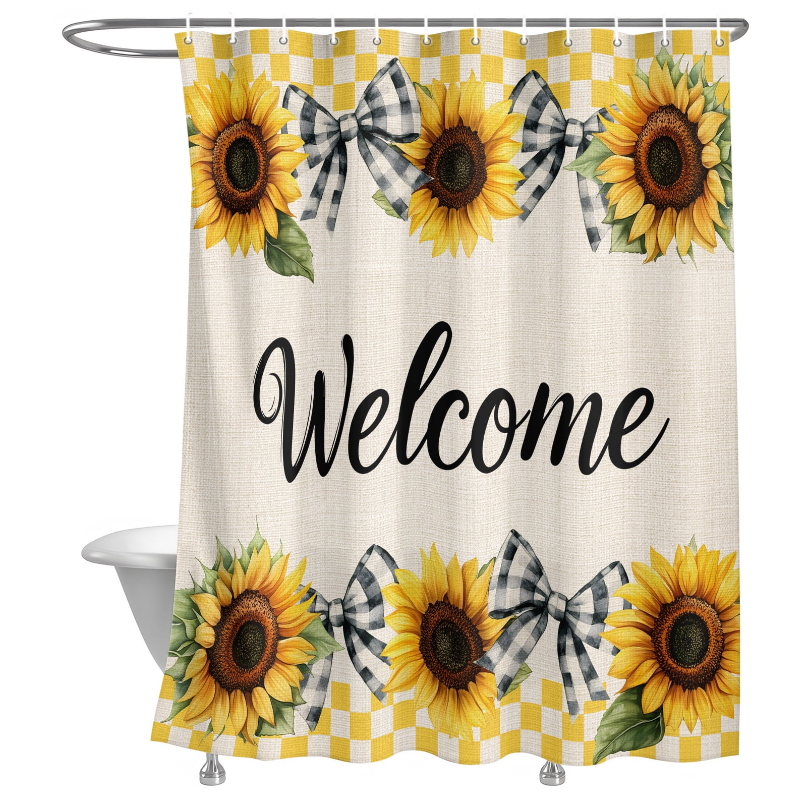Bathroom Shower Curtain Summer Sunflower Bow Welcome Quote Waterproof ...