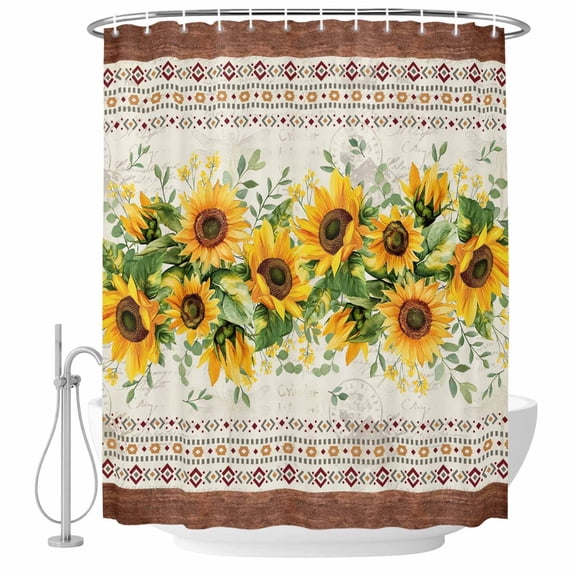 Bathroom Shower Curtain Summer Sunflower Green Leaves Waterproof Shower ...