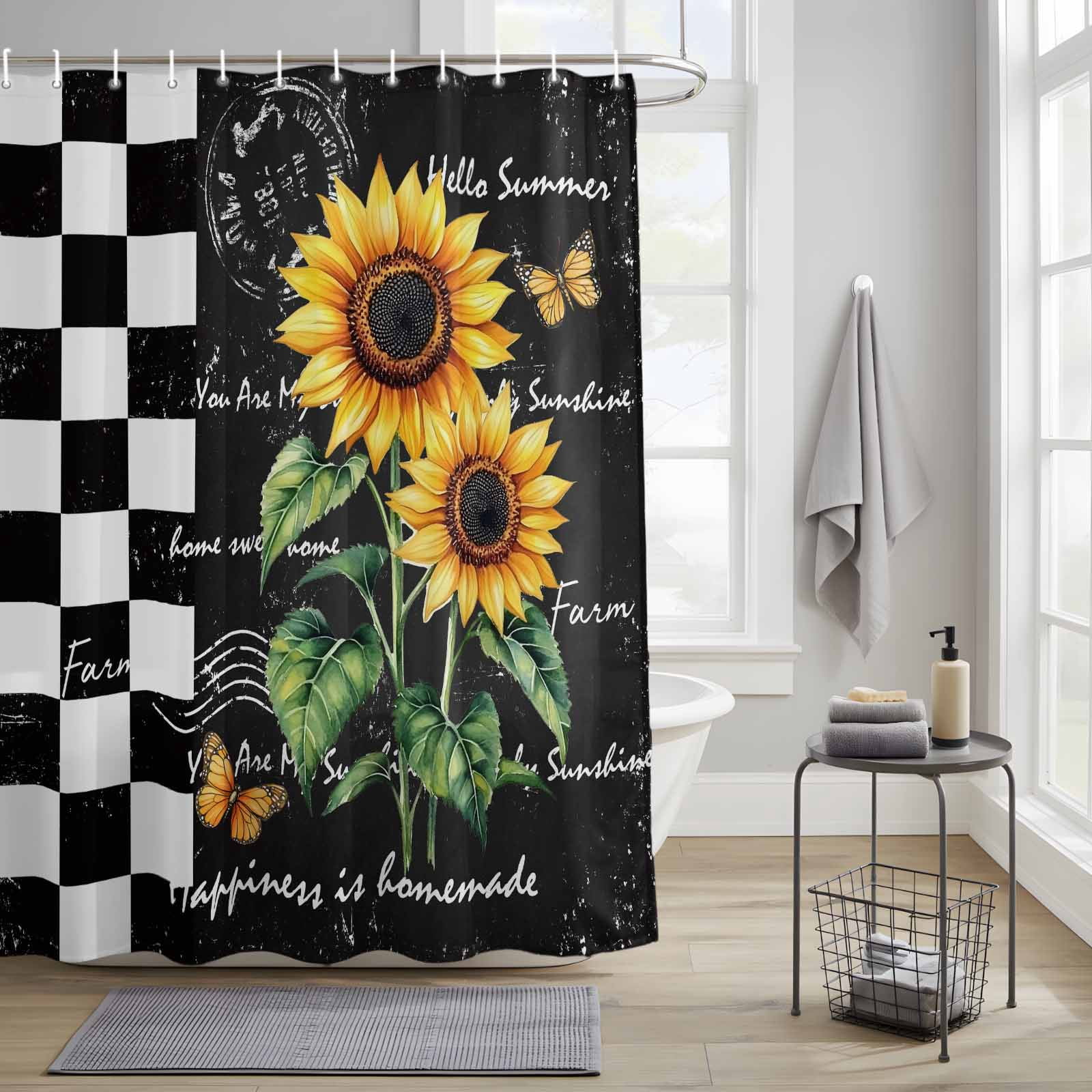 Bathroom Shower Curtain Summer Sunflower Green Leaves Waterproof Shower ...