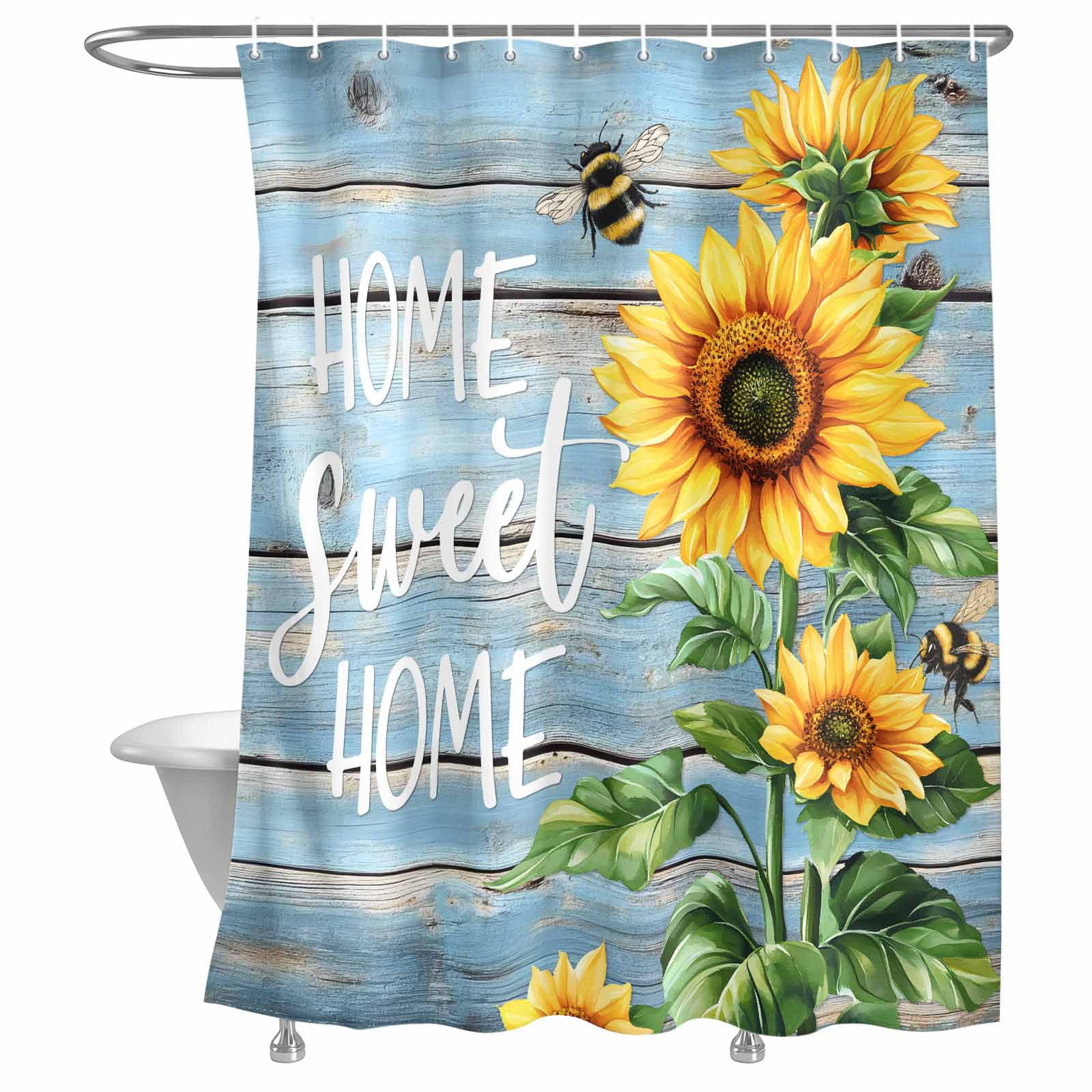 Bathroom Shower Curtain Summer Sunflower Green Leaves Waterproof Shower ...