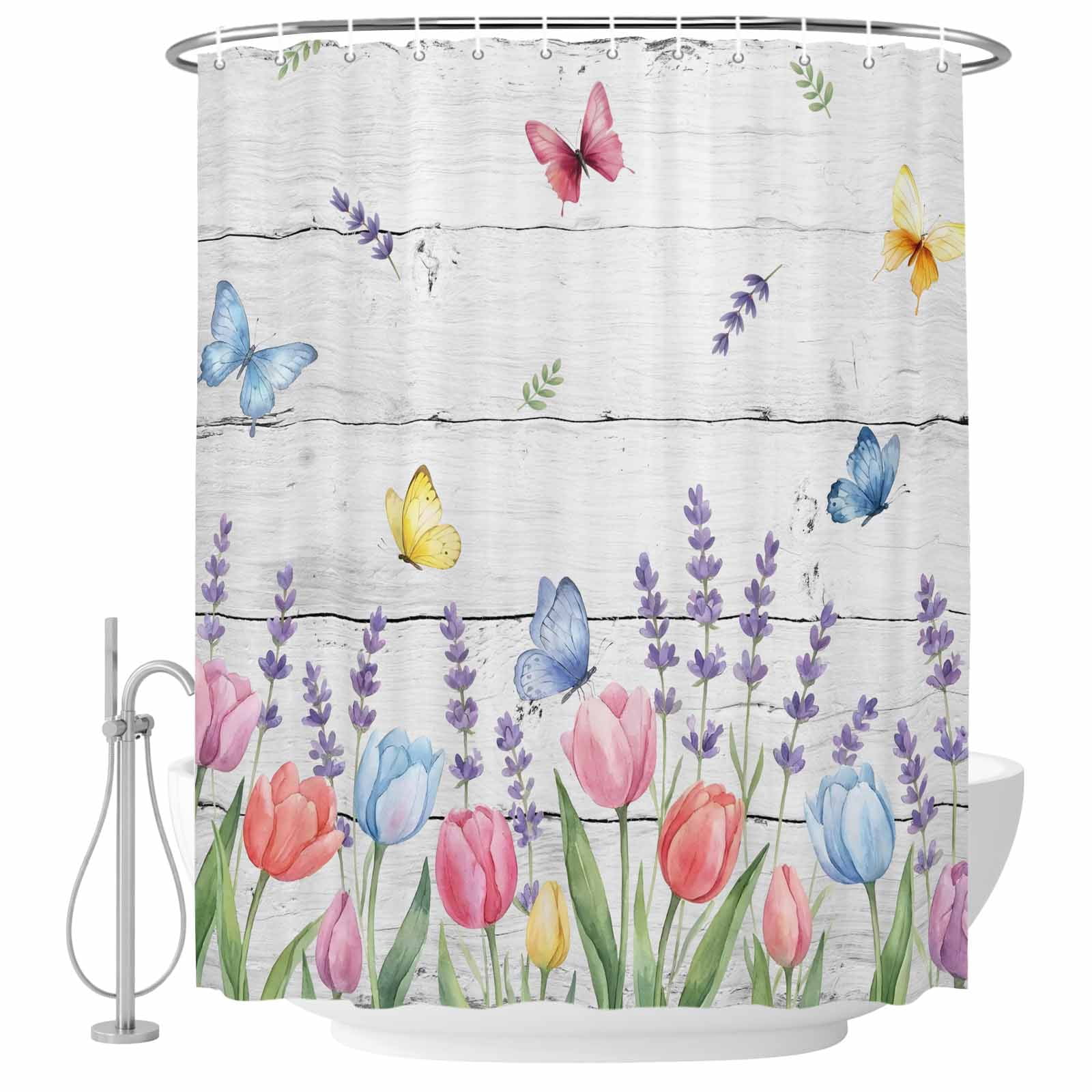 Bathroom Shower Curtain Summer Tulips Lavender Butterfly Waterproof ...