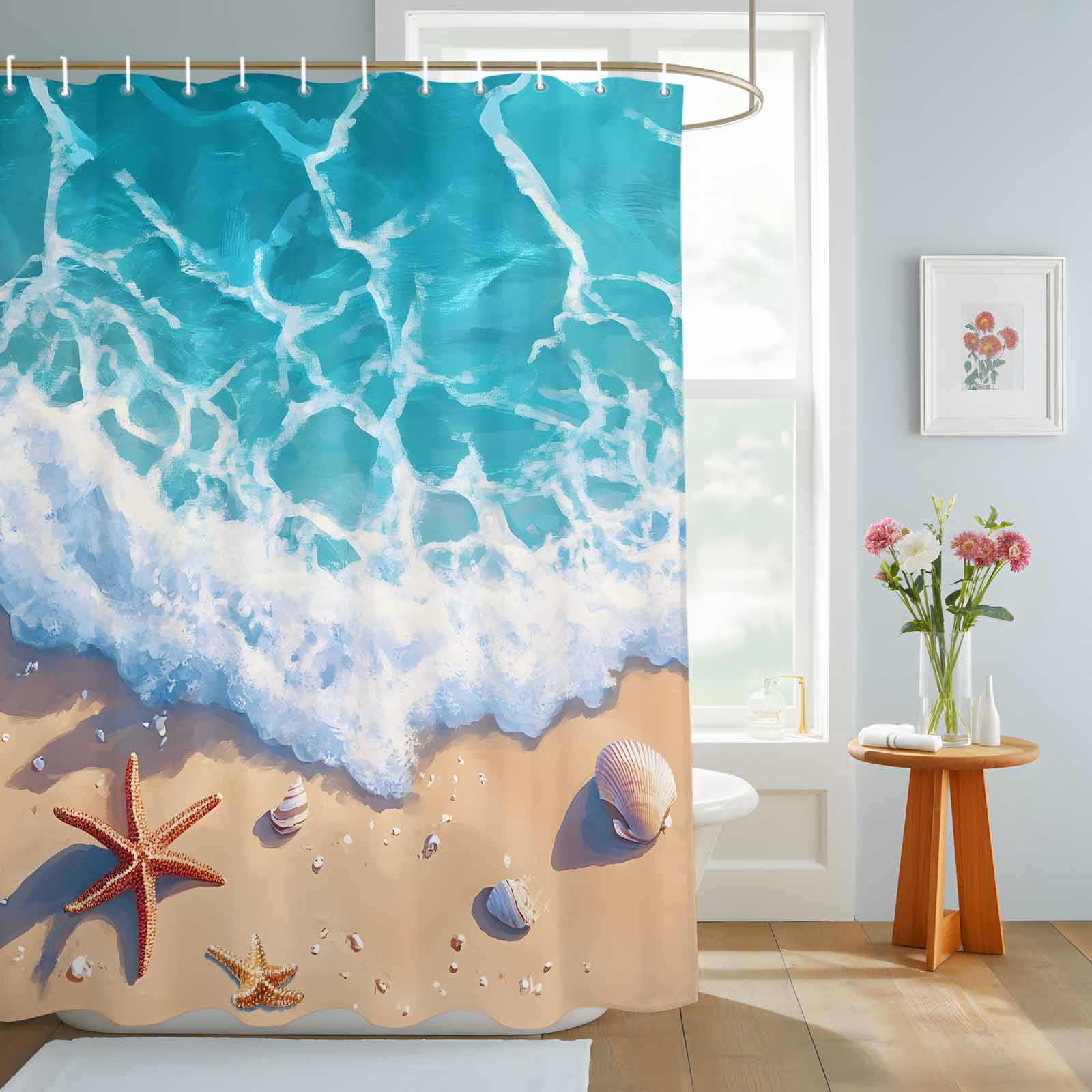 Bathroom Shower Curtain Summer Watercolor Ocean Beach Waterproof Shower ...