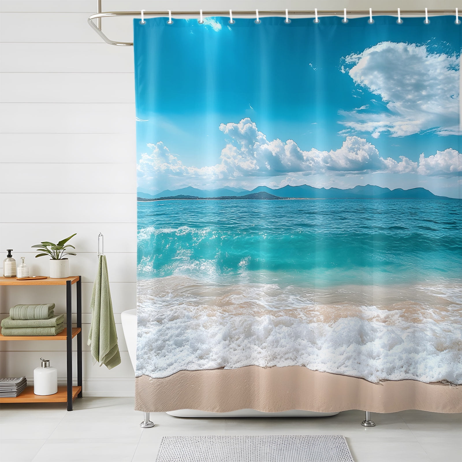 Bathroom Shower Curtain Summer Watercolor Ocean Beach Waterproof Shower ...