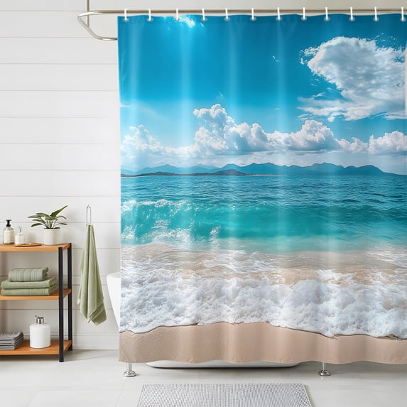 Bathroom Shower Curtain Summer Watercolor Ocean Beach Waterproof Shower ...