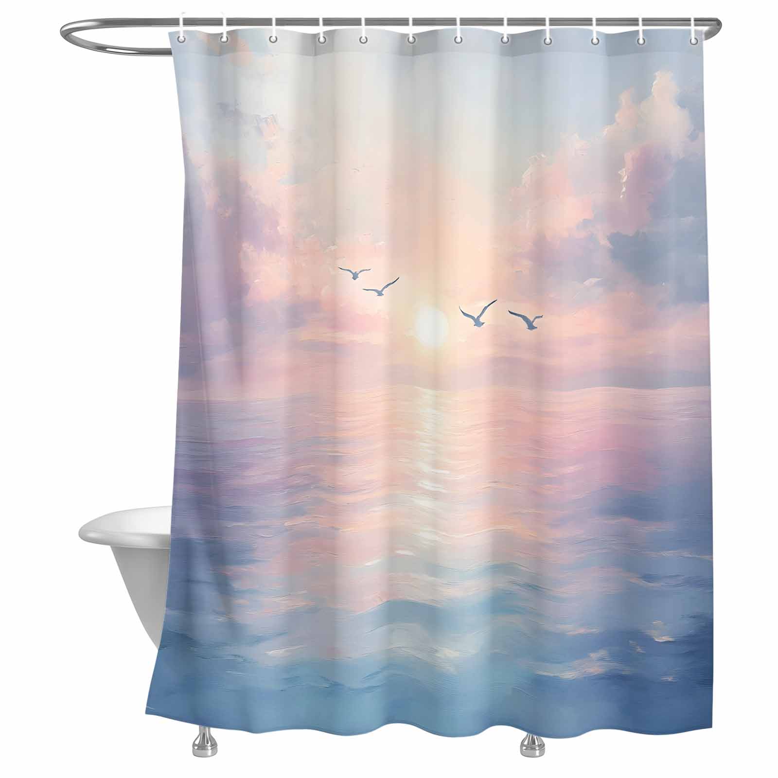 Bathroom Shower Curtain Sunset Seabirds Blue Ocean Pink Sky Waterproof ...