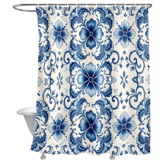 Bathroom Shower Curtain Symmetric Blue Flower Texture Waterproof Shower ...