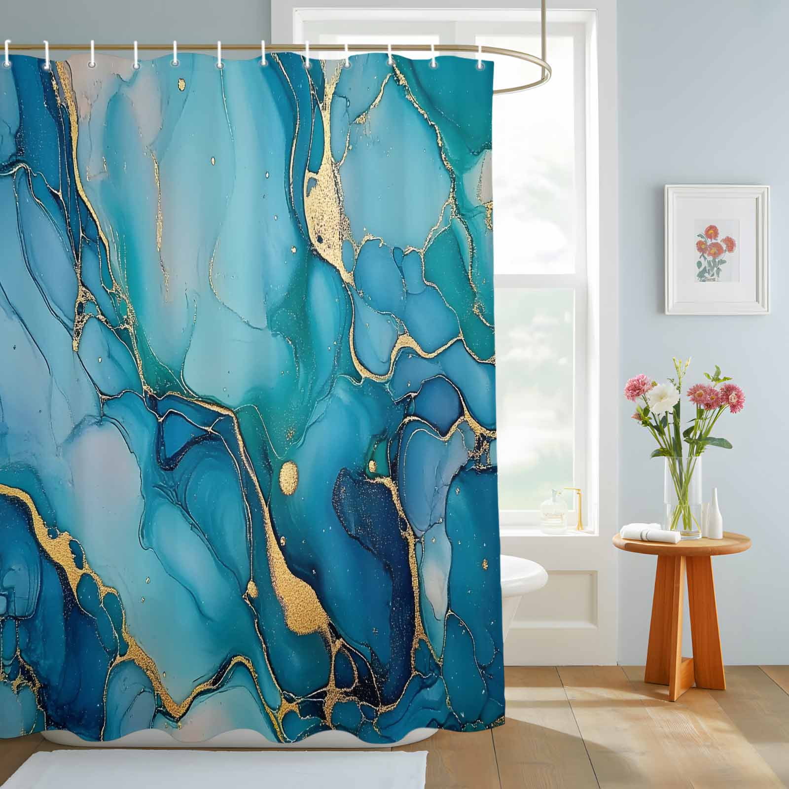 Bathroom Shower Curtain Teal Abstract Marble Stone Texture Waterproof ...