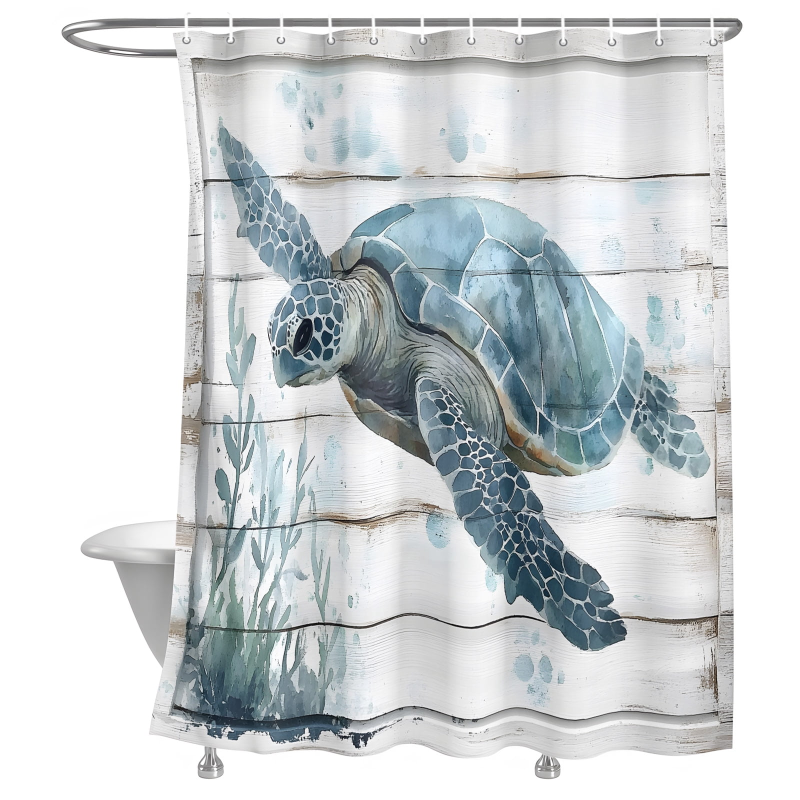 Bathroom Shower Curtain Teal Blue Sea Turtle On Wood Grain Waterproof ...