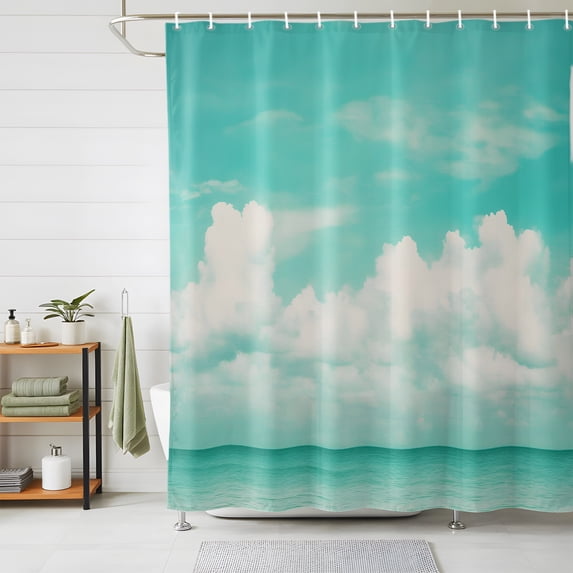 Bathroom Shower Curtain Teal Blue Sky White Cloud Waterproof Shower ...
