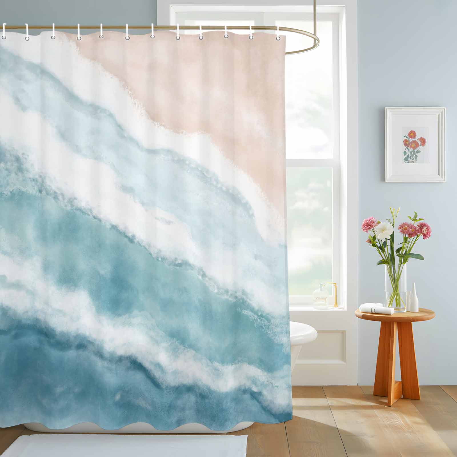 Bathroom Shower Curtain Teal Ombre Marine Beach Scene Waterproof Shower ...