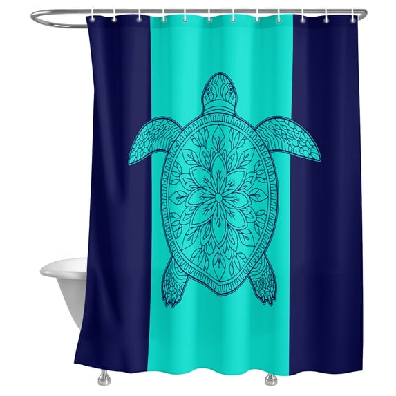Bathroom Shower Curtain Teal Sea Turtle Dark Blue Geometric Waterproof ...