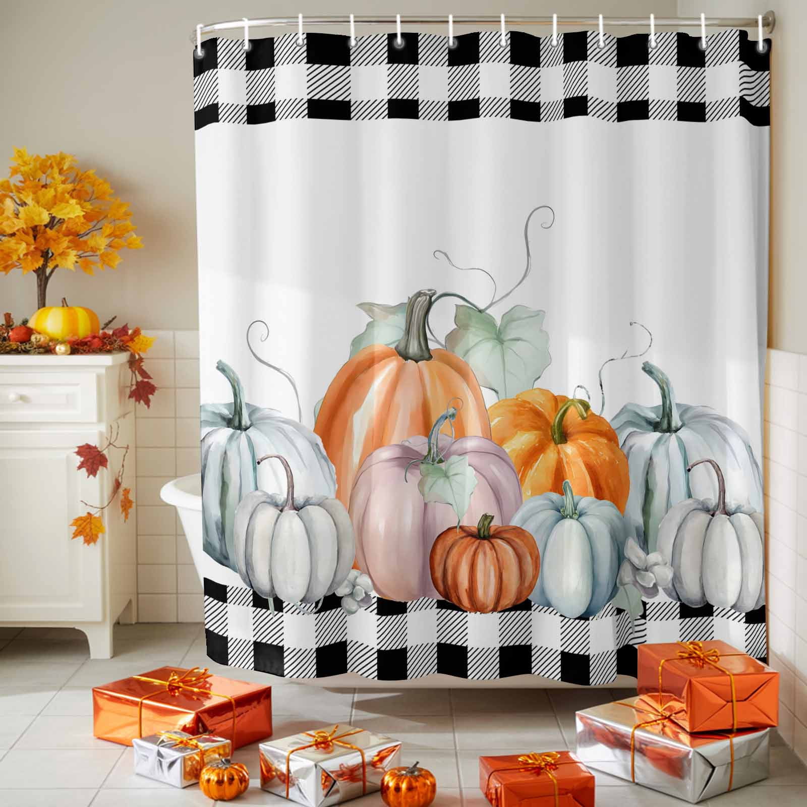 Bathroom Shower Curtain Thanksgiving Blue Pumpkin Waterproof Shower ...