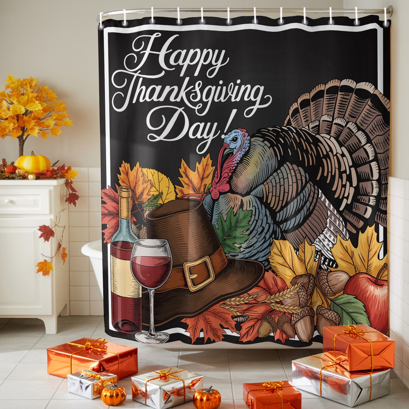 Bathroom Shower Curtain Thanksgiving Cartoon Turkey Pumpkin Waterproof ...