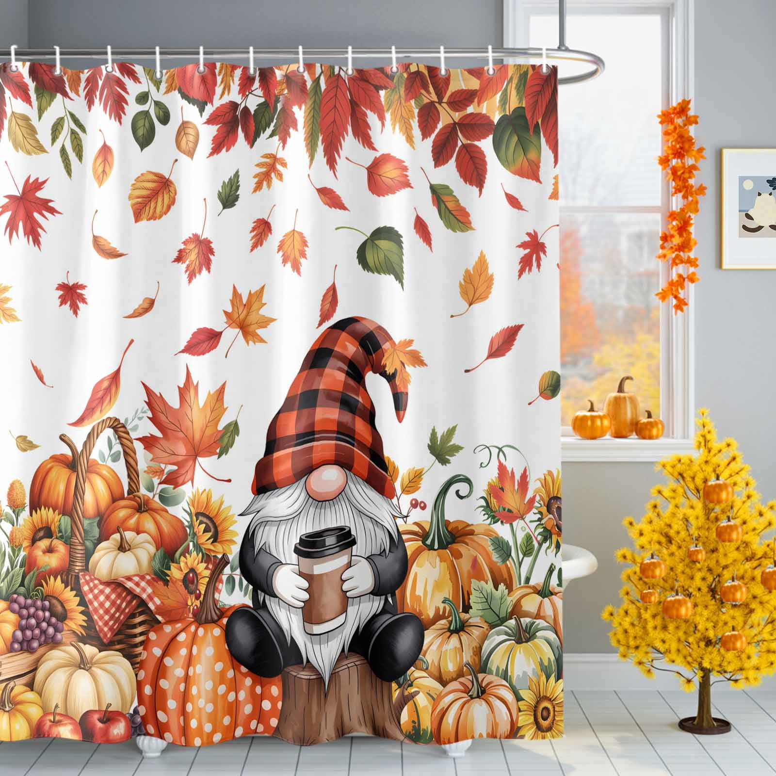 Bathroom Shower Curtain Thanksgiving Coffee Gnome Waterproof Shower ...