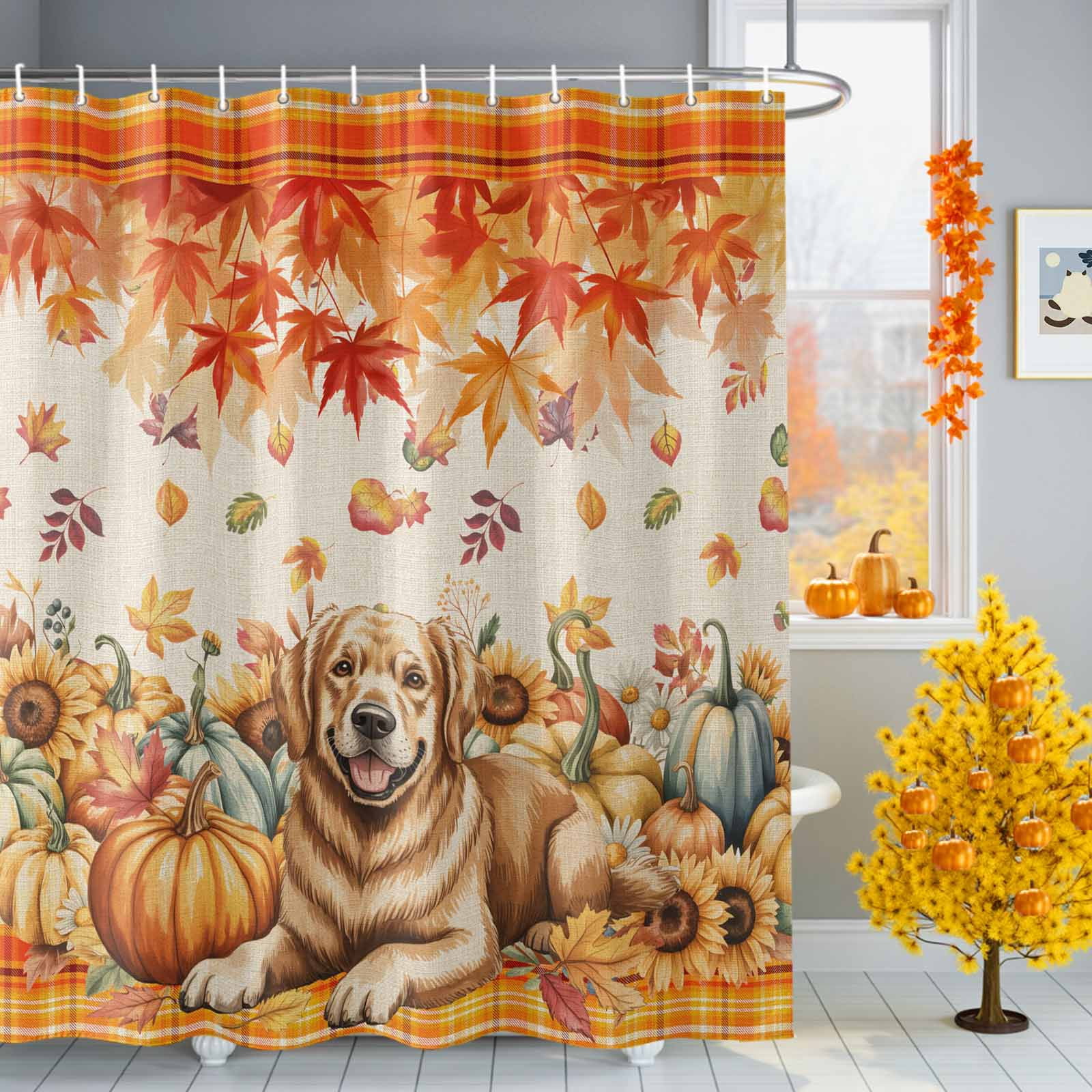 Bathroom Shower Curtain Thanksgiving Dog Maple Leaf Waterproof Shower ...