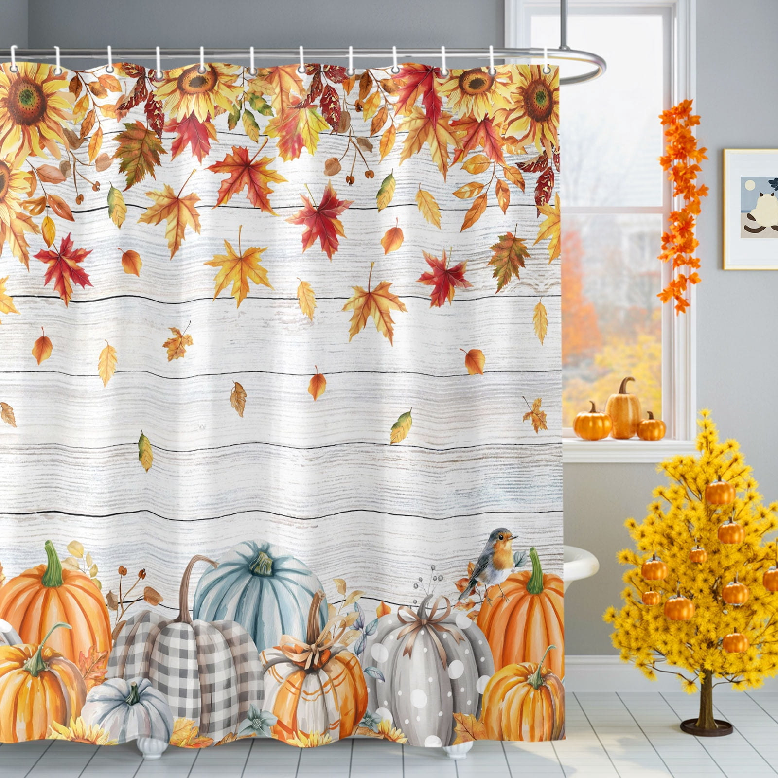 Bathroom Shower Curtain Thanksgiving Fall Maple Leaves Waterproof ...