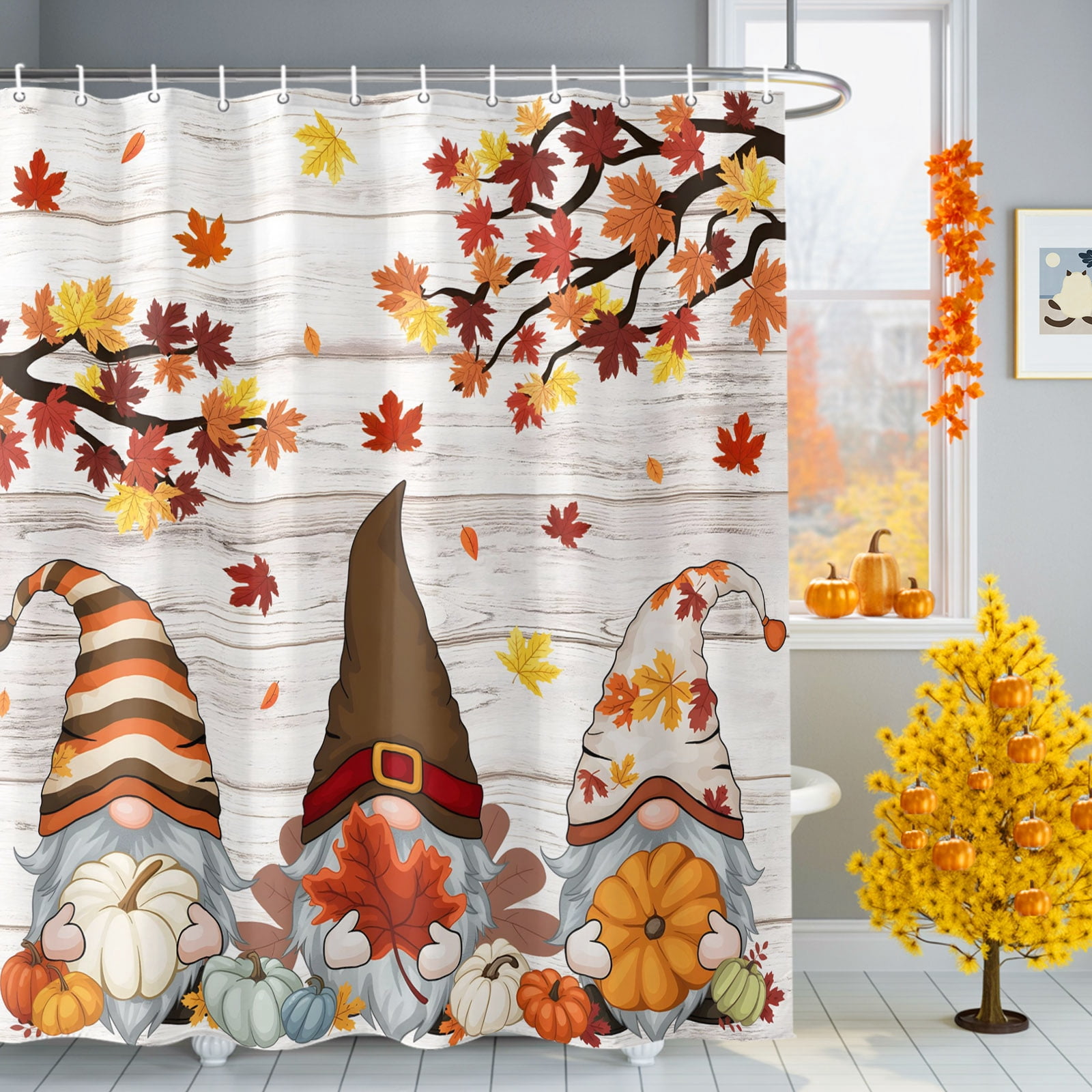 Bathroom Shower Curtain Thanksgiving Gnome on Wood Board Waterproof ...