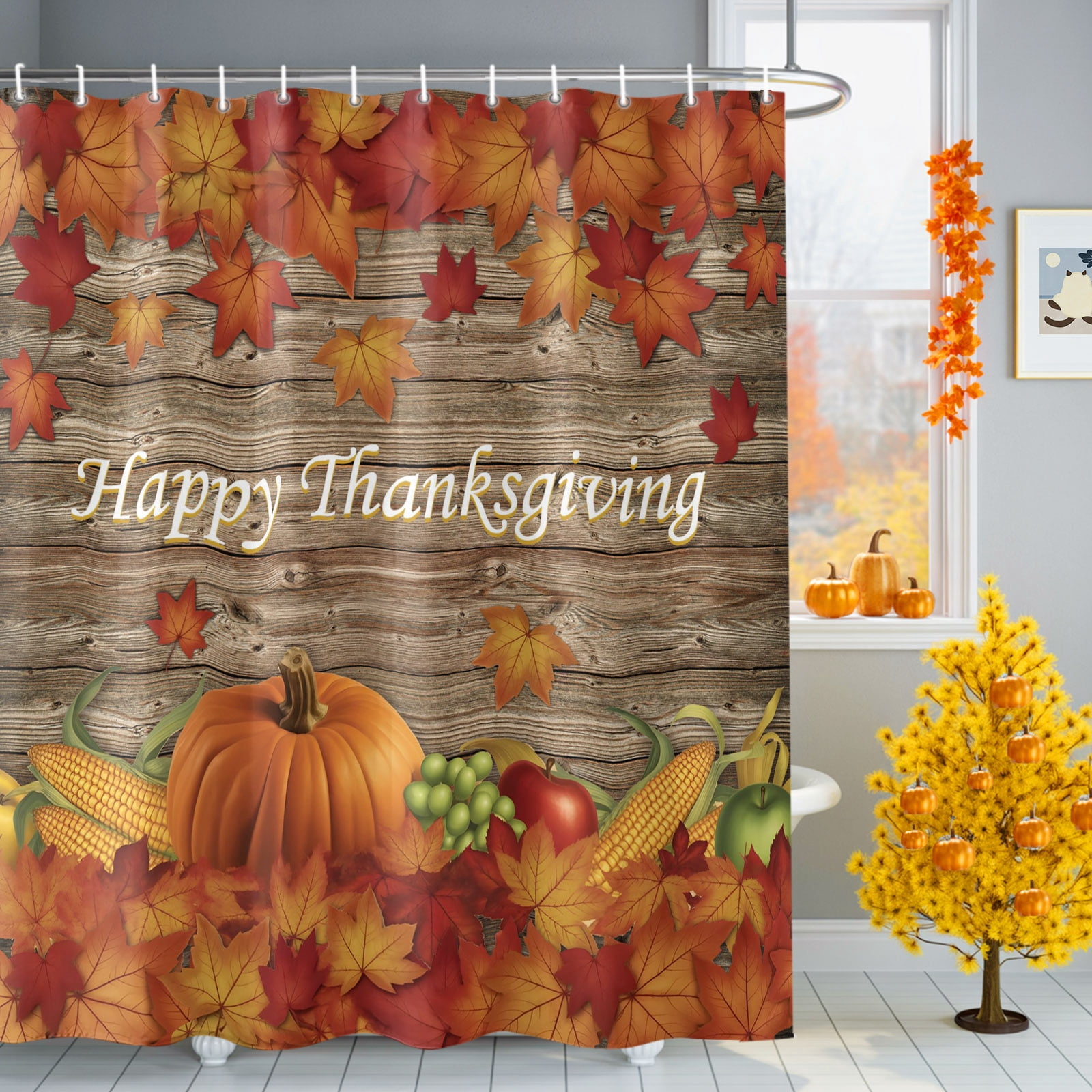 Bathroom Shower Curtain Thanksgiving Maple Leaf Pumpkin Waterproof ...
