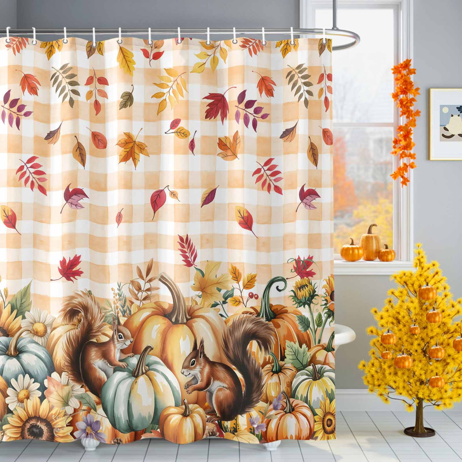 Bathroom Shower Curtain Thanksgiving Pumpkin Autumn Squirrel Waterproof ...