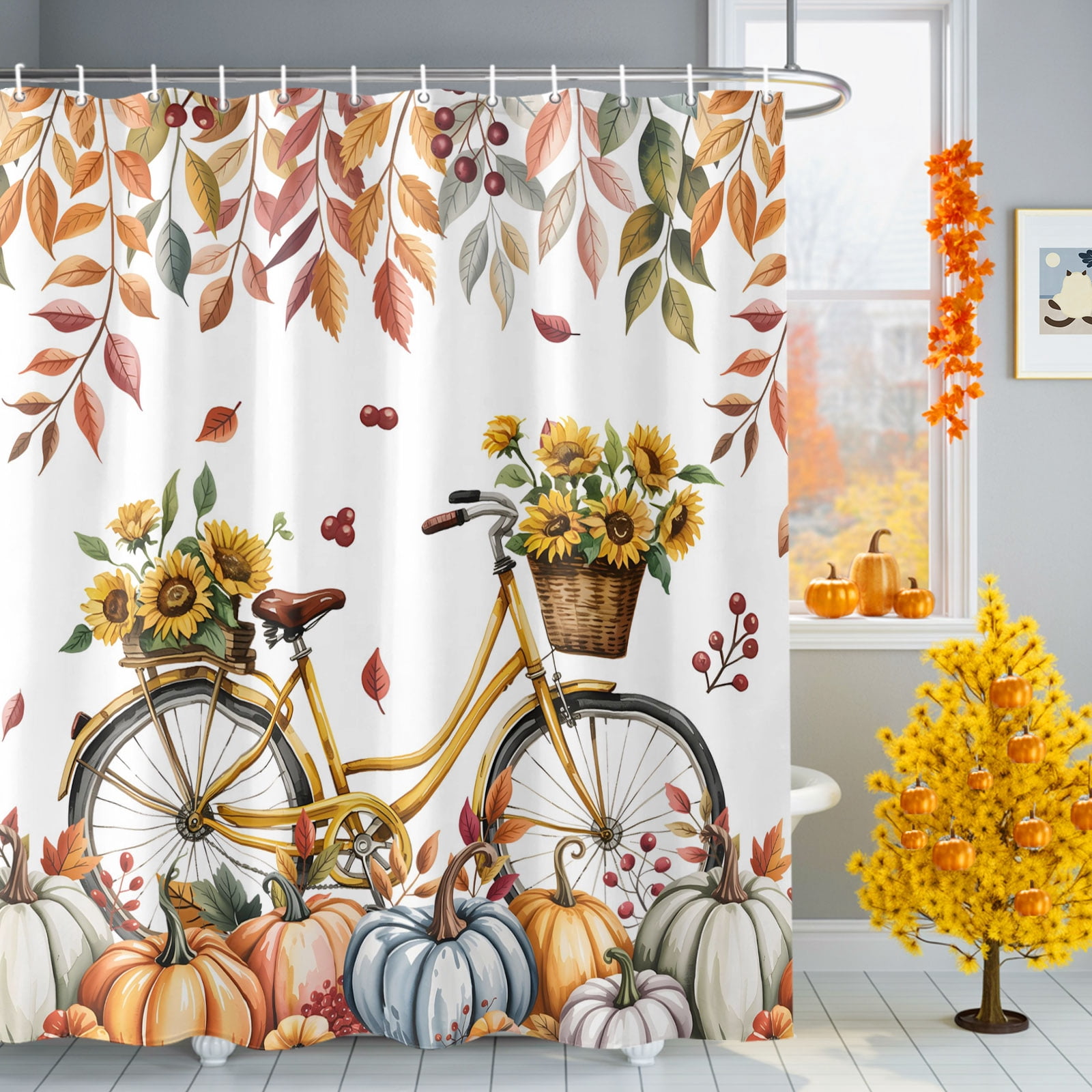 Bathroom Shower Curtain Thanksgiving Pumpkin Country Bicycle Waterproof ...