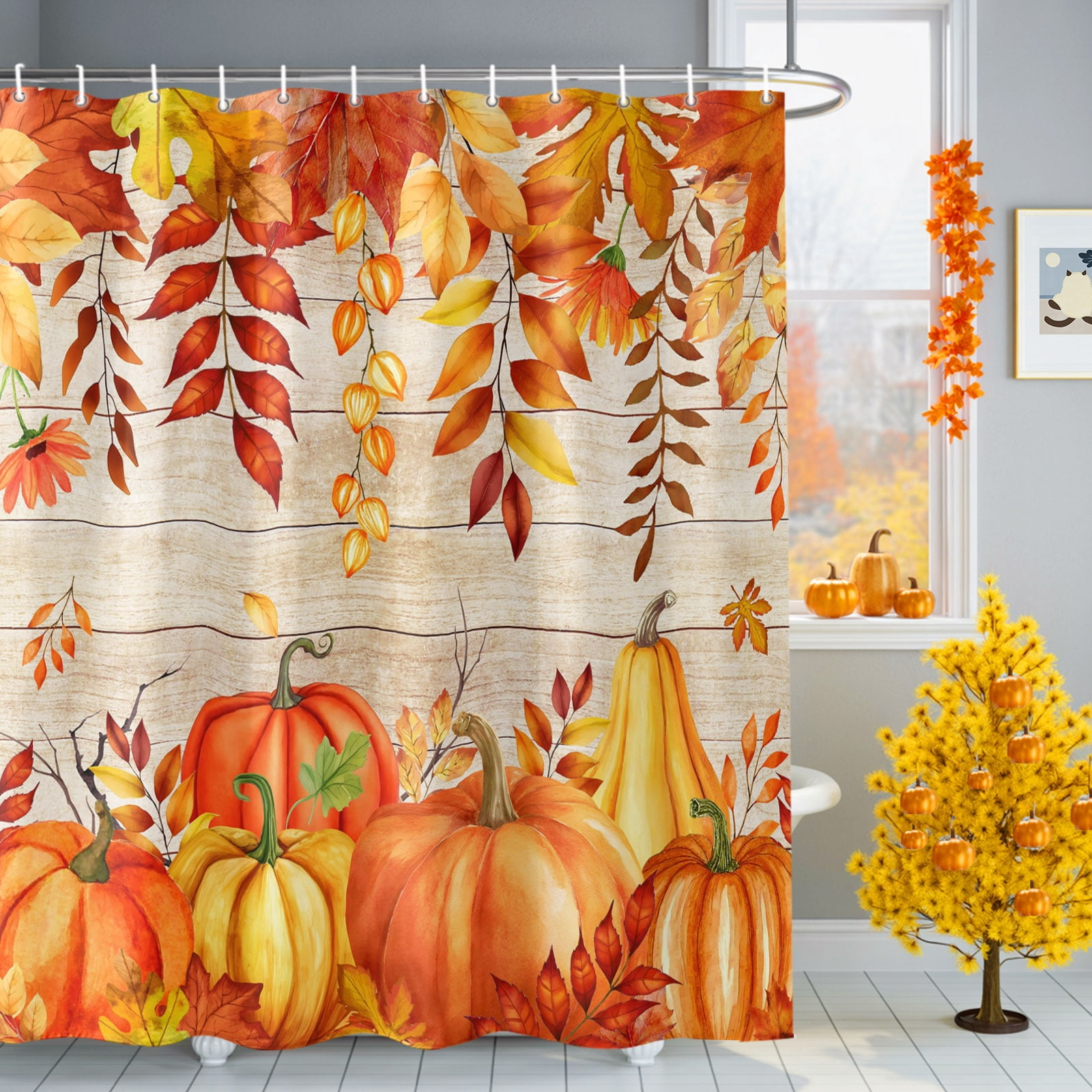 Bathroom Shower Curtain Thanksgiving Pumpkin Fall Orange Maple Leaves ...