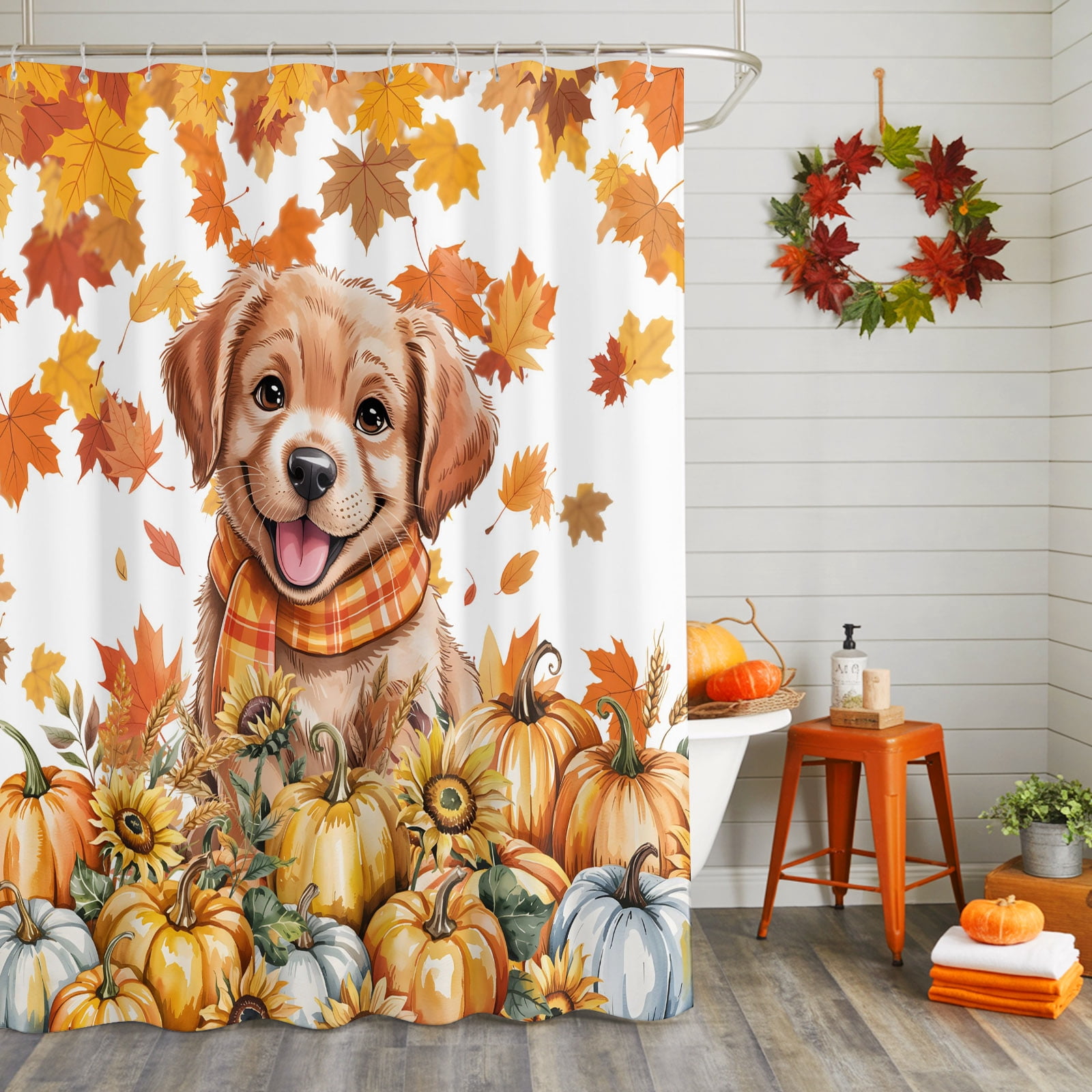 Bathroom Shower Curtain Thanksgiving Pumpkin Farm Dog Waterproof Shower ...