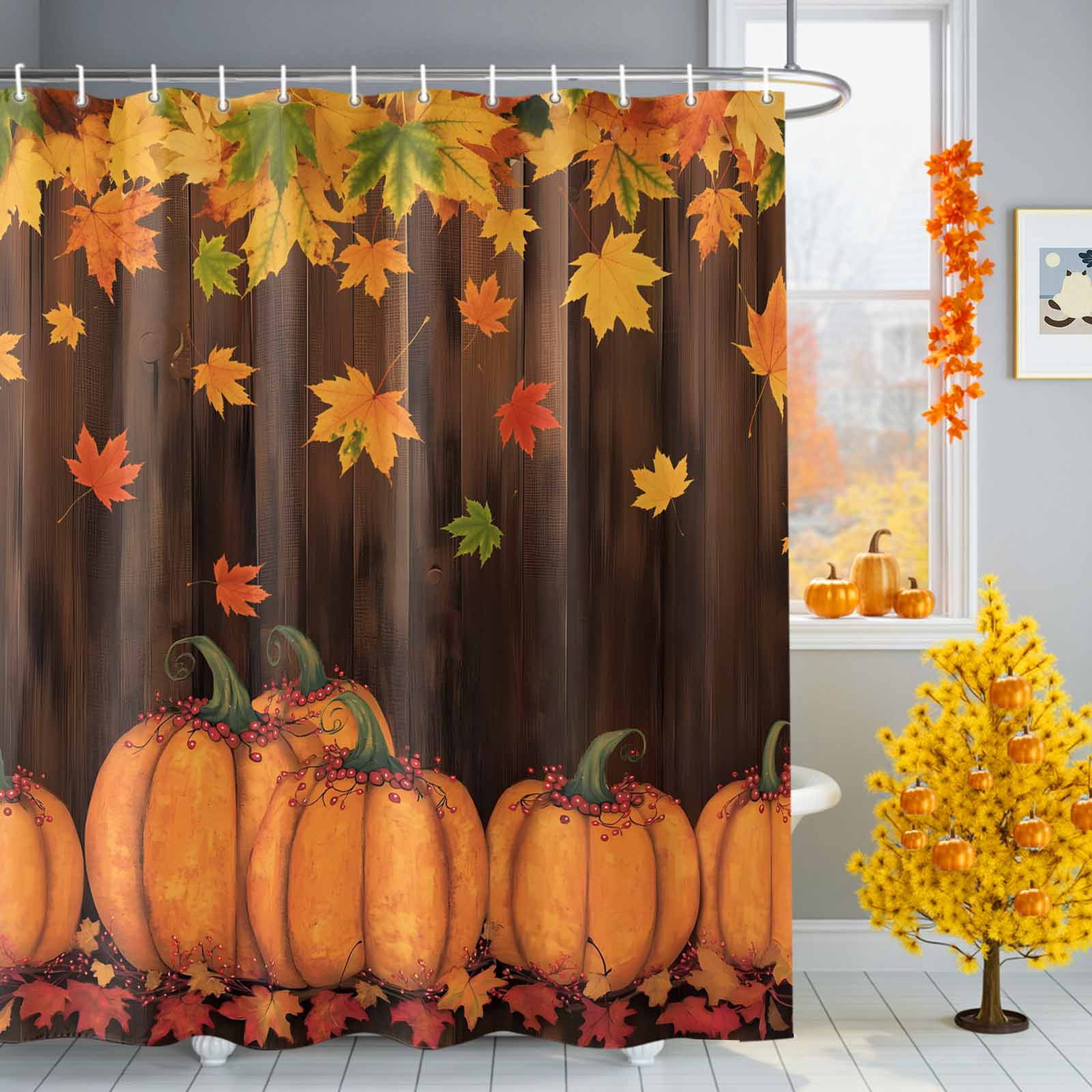 Bathroom Shower Curtain Thanksgiving Pumpkin on Farm Wood Board ...